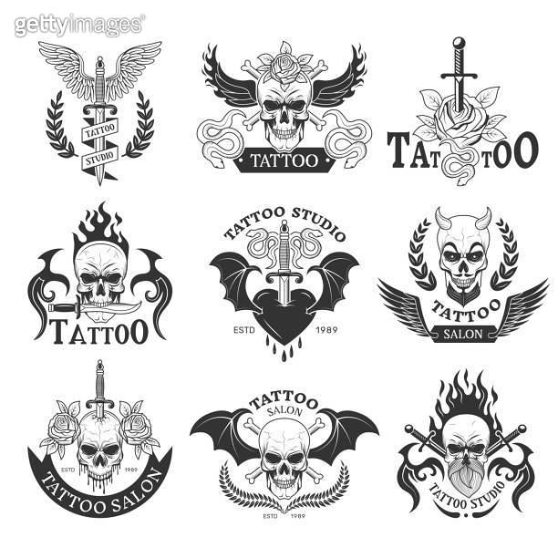 Tattoo labels. Badges for human skin recent vector fashioned templates ...