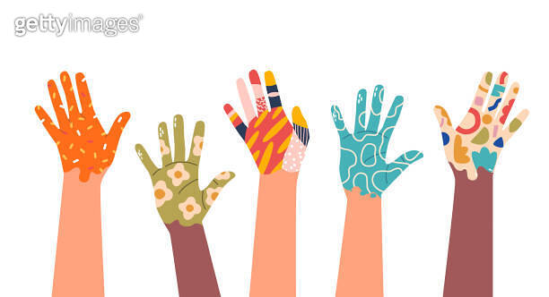 Row Of Raised, Painted Hands Creates A Vibrant Tapestry Of Unity And ...