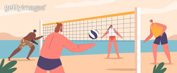 Energetic Male Female Characters Engaging In Beach Volleyball, Diving ...