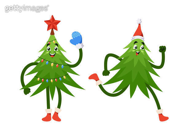 Cartoon Christmas Tree Character Waving Hand and Running. New Year Or ...