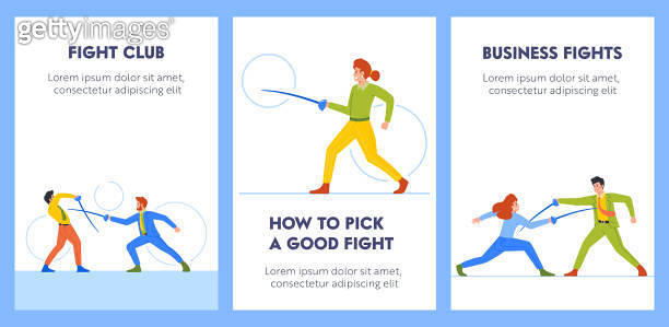 Business Fights Cartoon Banners. Men and Women Characters Fence With ...