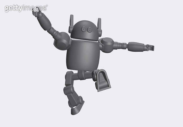 Cute robot with hand up and jumping in the air white background ...