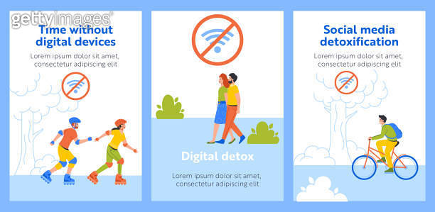 Young People Spend Time without Devices Banners. Social Media ...