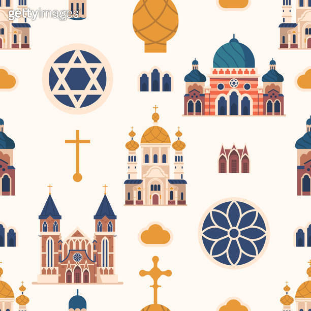 Seamless Pattern Featuring Orthodox Church, Catholic Church, And Mosque ...
