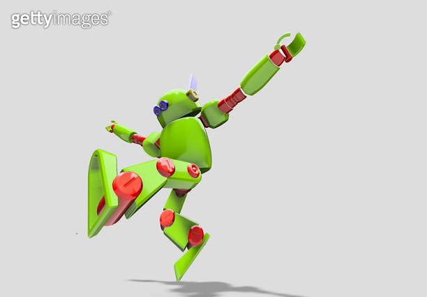 Cute robot with hand up,foot up and jumping in the air white background ...