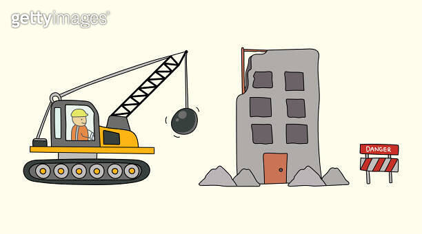 Kids drawing vector Illustration of construction site with demolition ...