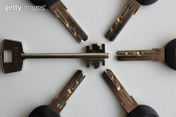 Metal Keys With Same Type Of Blade Around Old Safe Key Closeup Photo ...