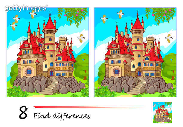 Find 8 differences. Illustration of an old medieval castle. Logic ...