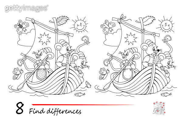 Find 8 differences. Black and white illustration of cute mice sailing ...