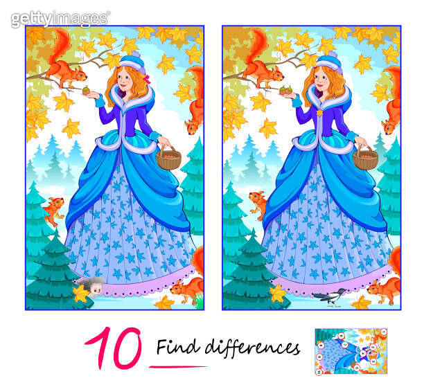 Find 10 differences. Illustration of a princess in autumn forest. Logic ...