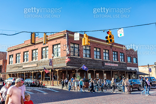 old brick buildings in Fort Worth at Stockyards, the former cattle ...
