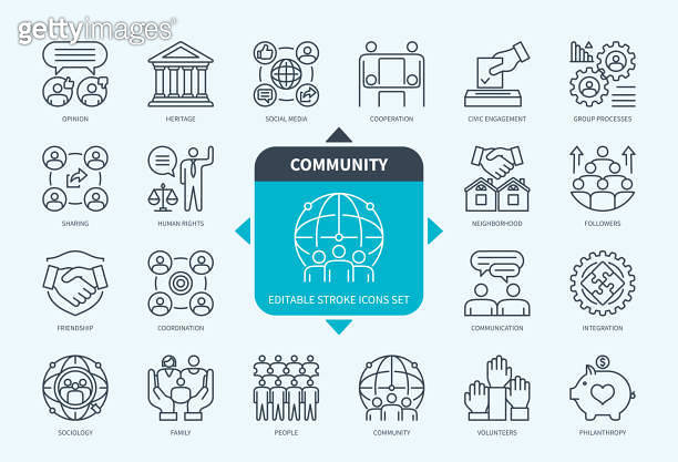 Community icons set with description 이미지 (1506734238) - 게티이미지뱅크