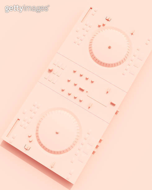Rose pink DJ decks musical instruments equipment flat lay diagonal ...