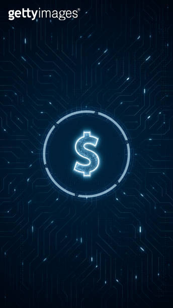 Blue digital money logo and futuristic technotogy circle HUD with ...