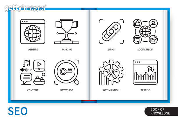 SEO Search engine optimization infographics linear icons collection 이미지 (1482336174) - 게티이미지뱅크