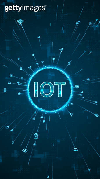 Blue digital IOT logo and ring rotation around logo with ai icon spread ...