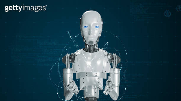 Robot assistant with particle ring circle orbit rotation on futuristic ...