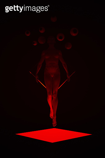 Red Paranormal Occult Woman with Glowing Eyes Floating Mid Air with ...