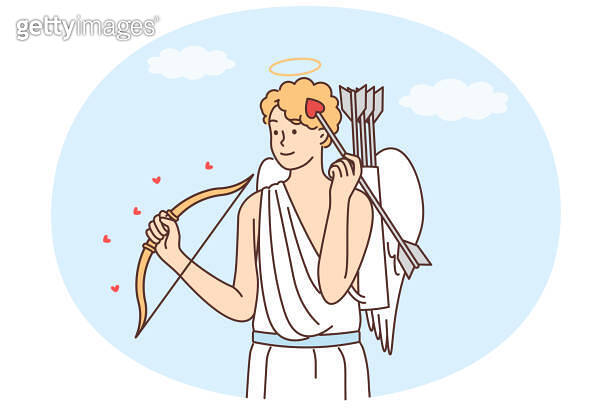 Ancient Greek god cupid with bow and arrow with tip in form of heart ...
