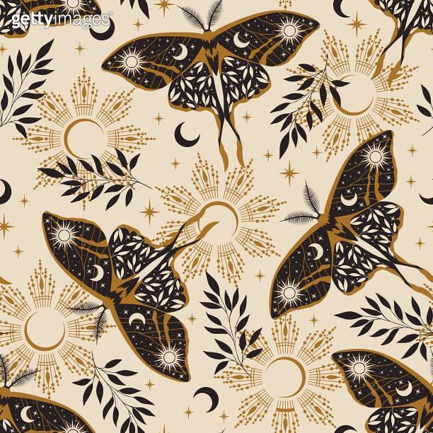 Seamless magic boho vector pattern. Moon moth, herbs. 이미지 (1635439027) - 게티이미지뱅크