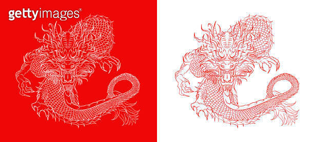 Red and white hand drawn outline Asian dragons 이미지 (1765601503) - 게티이미지뱅크