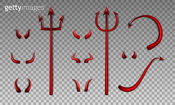 Red devil bloody trident, horns various shape and different demon tails ...