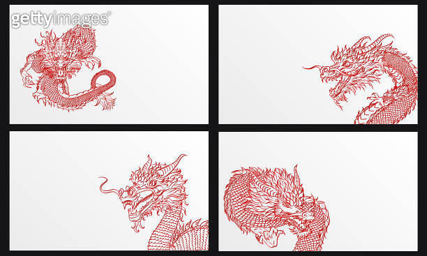 Banners with red outline hand drawn dragons and place for text ...