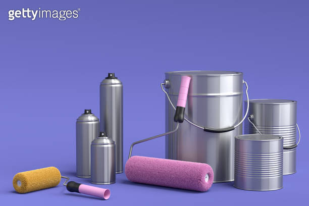 Set of metal and plastic buckets, spray paint, paint roller and brush ...