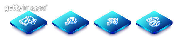 Set Isometric line Drop in crude oil price, Dollar rate decrease, Gold bars and Hanging sign ...