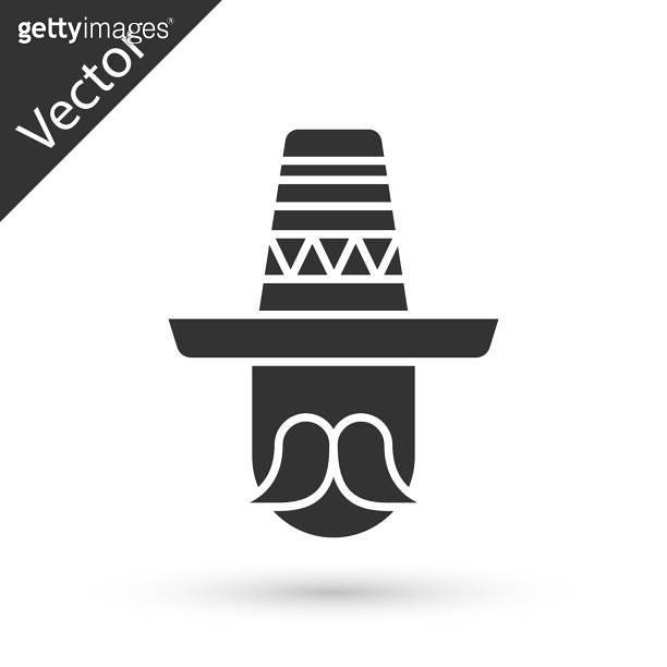 Grey Mexican man wearing sombrero icon isolated on white background ...