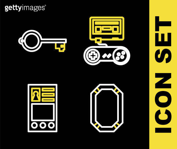 Set line Game console with joystick, Poker table, Create account screen and Ancient key for game ...