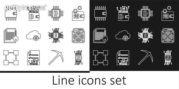 Set line Cryptocurrency bitcoin in circuit, ASIC Miner, CPU mining farm, cloud, Smart contract ...