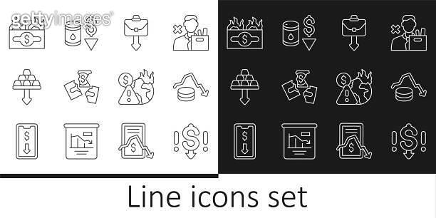 Set line Dollar rate decrease, Briefcase, Tearing money banknote, Gold bars, Burning dollar bill ...