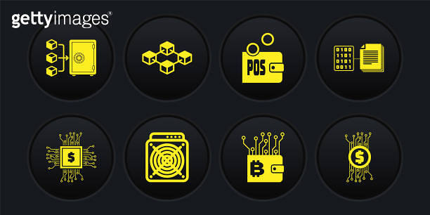 Set Processor chip with dollar, Smart contract, ASIC Miner, Cryptocurrency wallet, Proof of ...