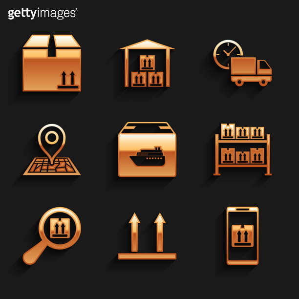 Set Cargo ship with boxes, This side up, Mobile app tracking, Warehouse, Search package ...