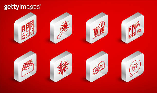 Set line Hashtag speech bubble, Microorganisms under magnifier, Interesting facts, Office ...