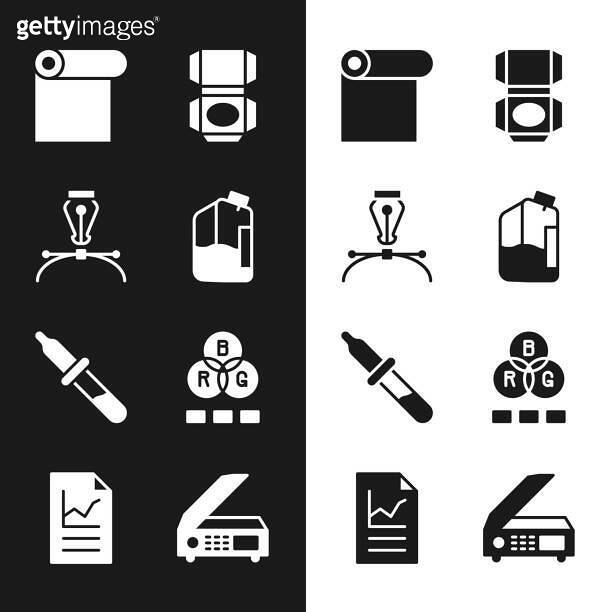 Set Printer ink bottle, Fountain pen nib, Roll of paper, Carton cardboard box, Pipette, RGB ...