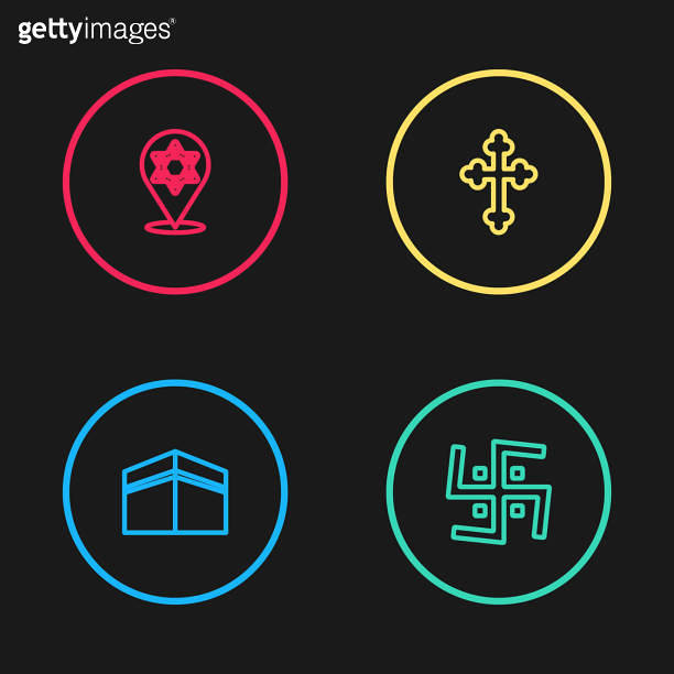 Set line Kaaba mosque, Hindu swastika, Christian cross and Star of ...
