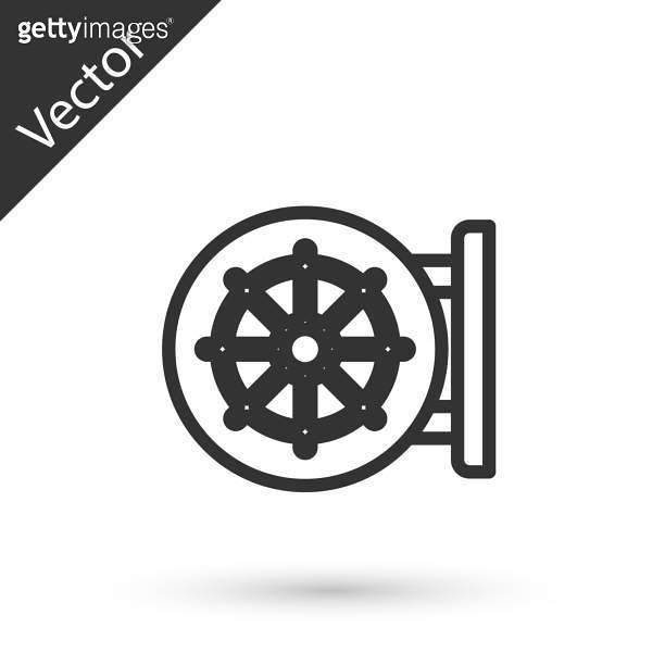 Grey line Dharma wheel icon isolated on white background. Buddhism ...