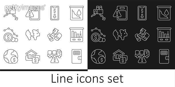 Set line Prison cell door, Pie chart infographic, Mobile stock trading, Broken piggy bank ...