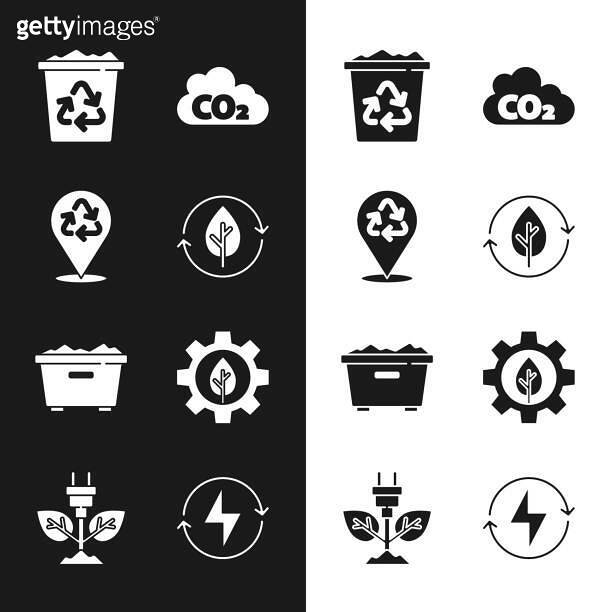 Set Recycle and leaf, bin with recycle, CO2 emissions cloud, Trash can ...