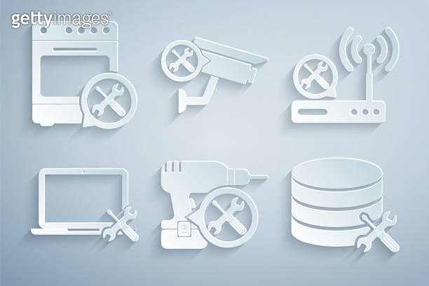 Set Drill machine service, Router wi-fi, Laptop, Database server, Security camera and Oven icon ...