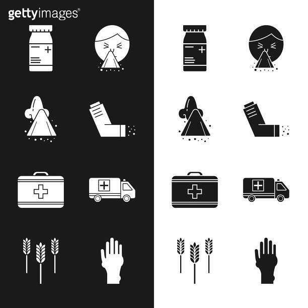 Set Inhaler, Runny nose, Medicine bottle and pills, Handkerchief to his ...