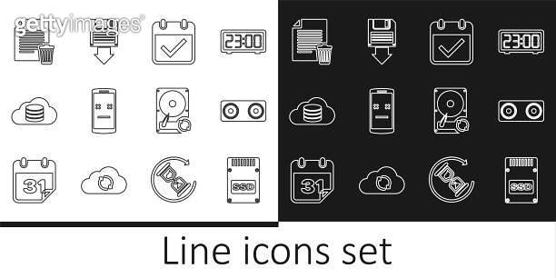 Set line SSD card, Stereo speaker, Calendar with check mark, Dead mobile, Cloud database, Delete ...