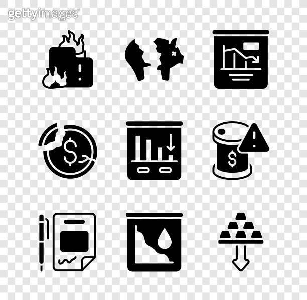 Set Fire in burning house, Broken piggy bank, Pie chart infographic, Contract money and pen ...