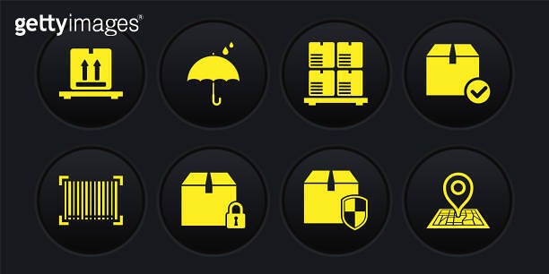 Set Barcode, Package box with check mark, Locked package, Delivery security shield, Cardboard ...