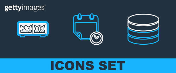 Set line Database, Retro flip clock and Calendar and icon. Vector 이미지 (1723784833) - 게티이미지뱅크