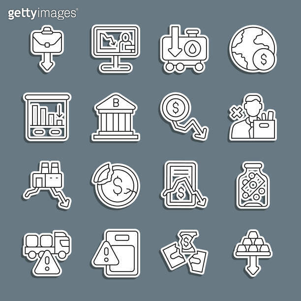 Set line Gold bars, Glass money jar with coin, Employee dismissal, Drop ...