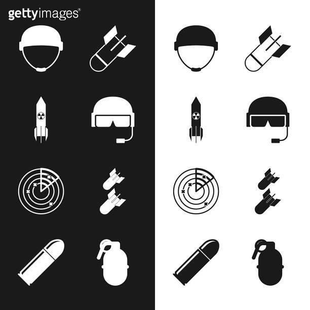 Set Military helmet, Nuclear rocket, Aviation bomb, Radar with targets ...