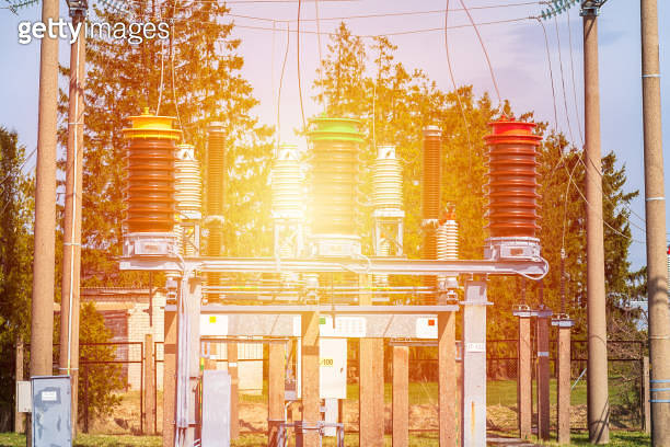High voltage power transformer in substation.Front view to high-voltage ...